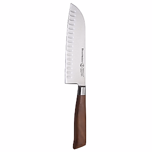 Messermeister Royale Elite 7” Kullenschliff Santoku Knife - Japanese Chef’s Knife - Stainless Steel & American Walnut Burl Handle - Rust Resistant & Easy to Maintain