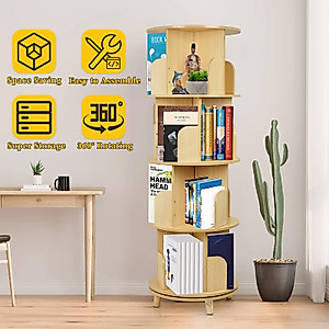 ybaymy Rotating Bookshelf, 4 Tier Floor Standing Bookcase Storage Rack, 360° Spinning Bookshelf with Legs Floor-Standing Bookcase Storage Rack for Bedroom, Living Room