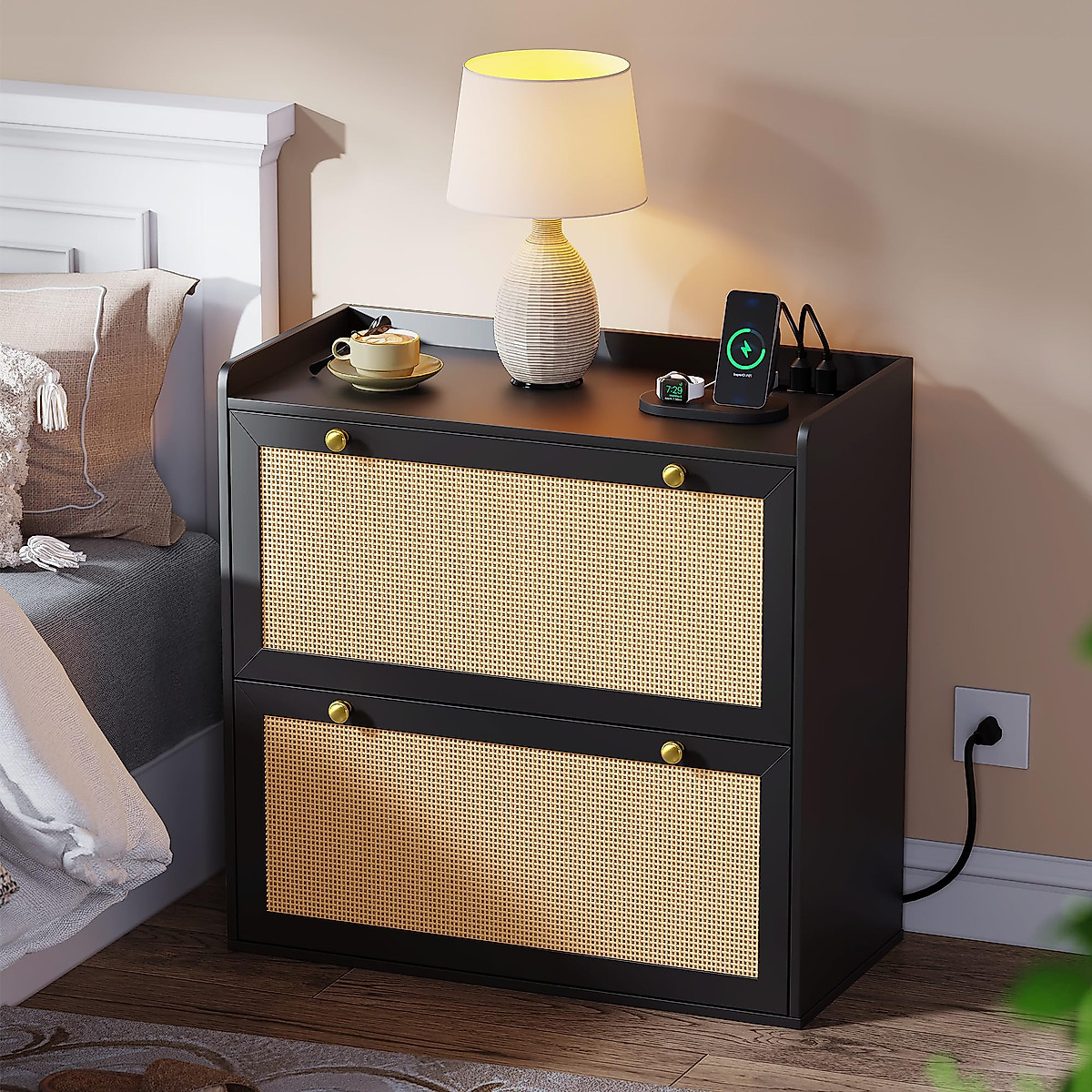 YITAHOME Rattan File Cabinet with Charging Station, Large Lateral Filing Cabinet for Home Office, Black