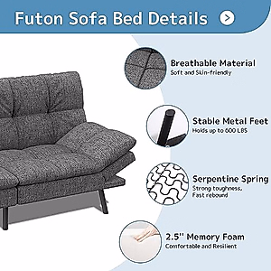 wOod-it Futon Sofa Bed, Memory Foam Foldable Couch Convertible Loveseat Sleeper Daybed with Adjustable Armrests for Small Space, Compact Living Room, Studio, Office, Apartment (Dark Gray)