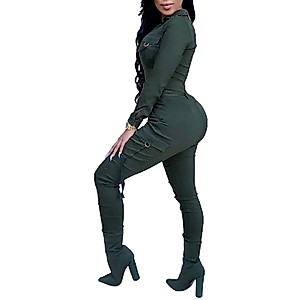 PerZeal Sexy V Neck Jumpsuits for Women Bodycon Elegant Long Sleeve Long Pants One Piece Jumpsuit Romper With Belt Pocket Zipper X-Large
