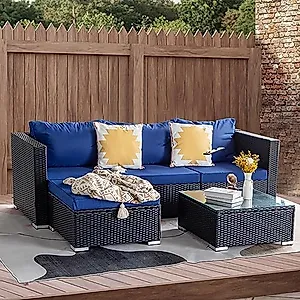 PAOLFOX 5 Piece Modern Patio Conversation Sets, Wicker Patio Furniture, Black/Blue