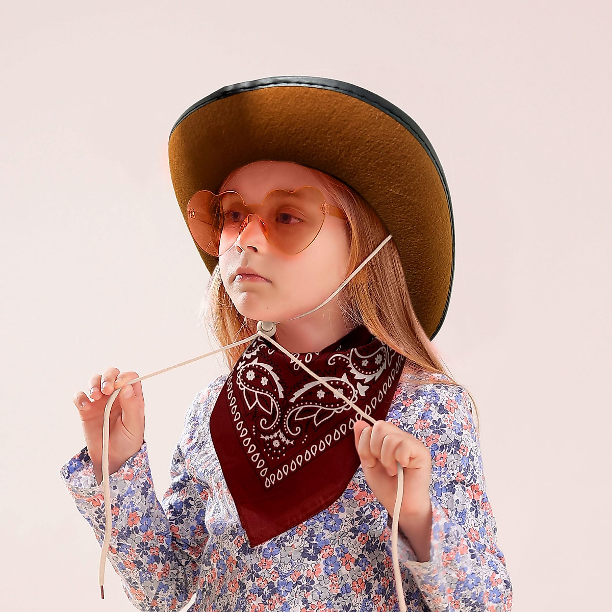 JeVenis Brown Cowgirl Hat Girls Cowboy Hat Kids Western Cowgirl Hat Bandana heart shape Sunglasses for Birthday Party