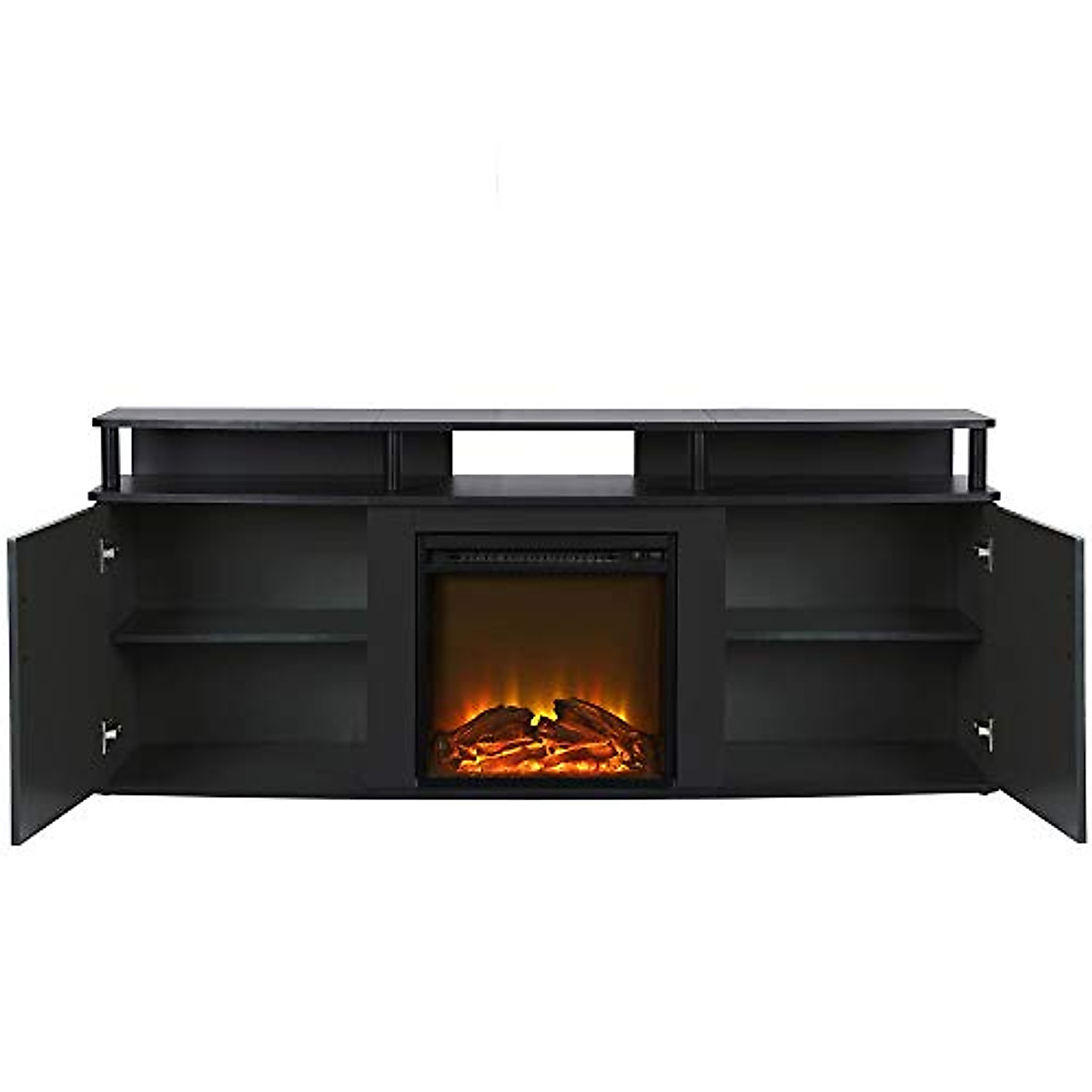 Ameriwood Home Carson Fireplace TV Stand for TVs up to 70 Inch, Replaceable Electric Fireplace Insert Heater, Realistic Log and Flame Effect, For Living Room or Bedroom, Black
