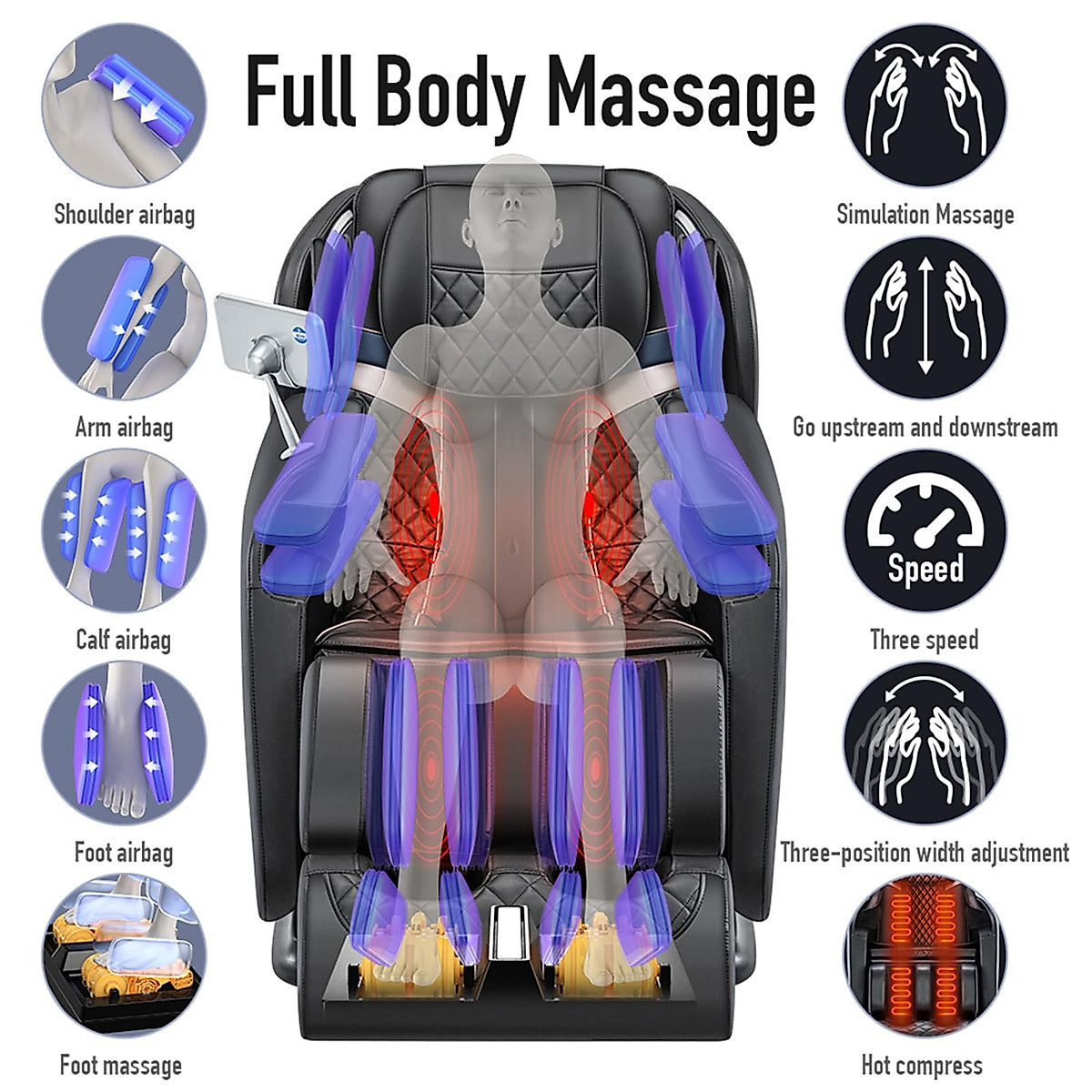 Massage Chair Full Body Recliner - Zero Gravity with Heat and Shiatsu Massage Office Chair Sl Track Intelligent Body Detection LCD Touch Screen Display Bluetooth Speaker Airbags Foot Rollers (Black)