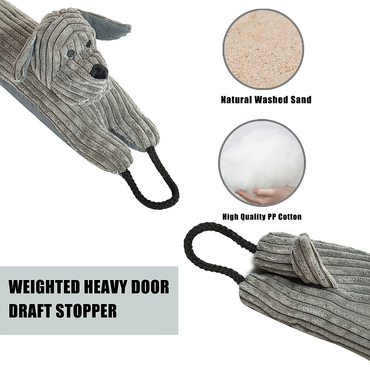Marwood Under Door Draft Stopper Decorative Wind Stopper 36 inch for Door & Window, Weighted Animal Air Draft Stopper Snake Noise Blocker for Bottom of Door with Hanging Loops - Grey Dog