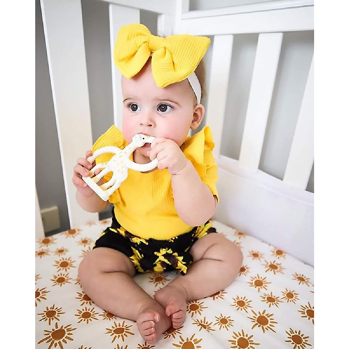 AMAWMW Newborn Baby Girl Summer Clothes Ribbed Ruffle Short Sleeve Romper Sunflower Shorts Outfit 3-6/6 Month Girl Clothes
