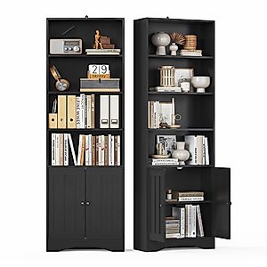 Gizoon Bookcase, Bookshelves and Bookcases, 71” 6-Shelf Bookcase with Doors, Floor Standing Display Storage Shelves, with Adjustable Shelves, for Home, Office, Living Room, Bedroom, Black
