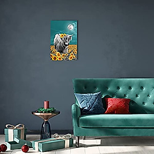Highland Cow Sunflower Wall Art: Scottish Cow Canvas Print Farmhouse Wall Decor - Blossom Flowers Field Picture Bedroom Decoration Teal Moon Decorative Artwork for Home Office 10" x 15"