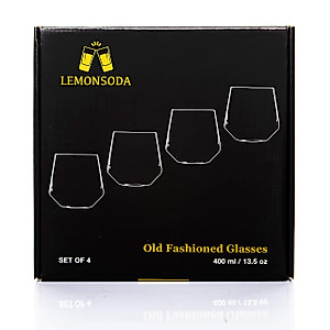 LEMONSODA High-End Double Rocks Glasses (Set of 4) – Lead-Free Crystal – Perfect for Scotch, Bourbon, Old-Fashioned – 400mL Capacity – Gift Box Included.