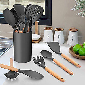LIANYU 38 Pcs Kitchen Cooking Utensils Set with Holder, Heat Resistant Silicone Kitchen Utensil Spatula Set, Kitchen Gadgets Tools Set for nonstick Cookware Set, Wooden Handle, Grey