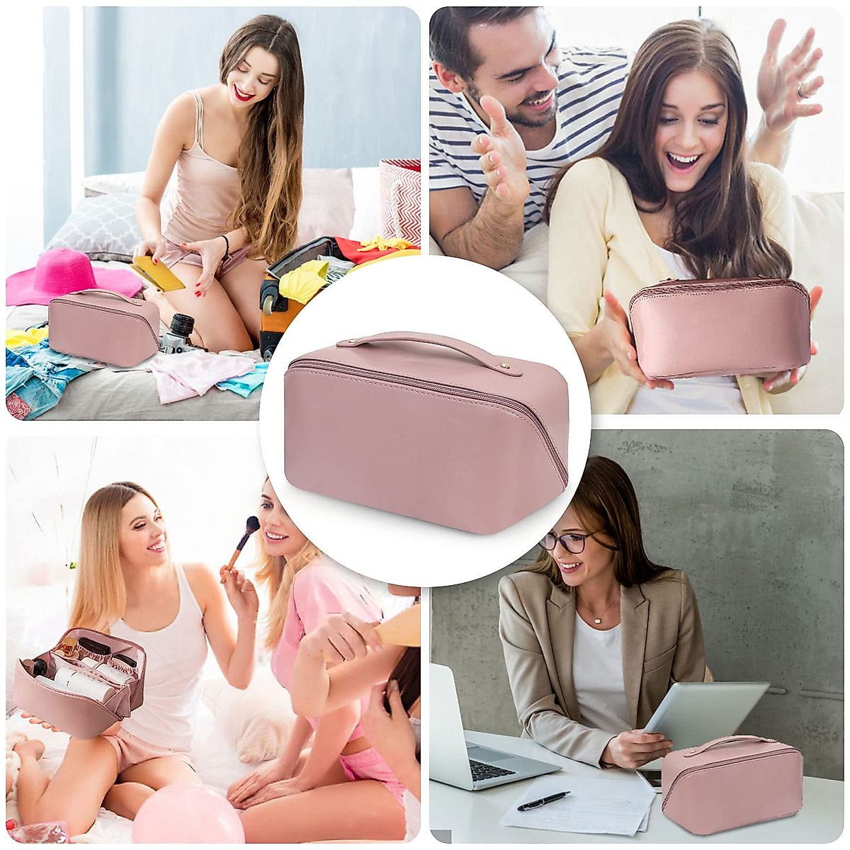 BOBOBOX Travel Cosmetic Bag Large Capacity Make Up Bag PU Leather Waterproof Portable with Handle and Divider Multifunctional Bag (Pink)