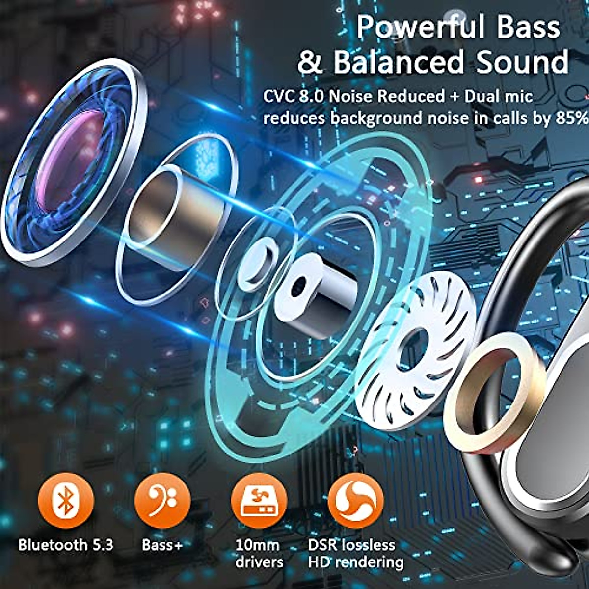 Bluetooth Headphones 5.3, Wireless Earbud Sport with Dual Mic, Wireless Earphones Noise Cancelling Ear Buds with Over-Ear Earhooks, IP7 Waterproof, USB-C, 56H Deep Bass Headset for Running Android iOS