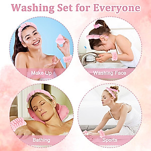 Araluky Spa Headband Set, 7Pcs Puffy Terry Cloth Headband and Wristband for Skincare, Makeup, Yoga, Shower, Spa Party, Sleepover Party, Pink