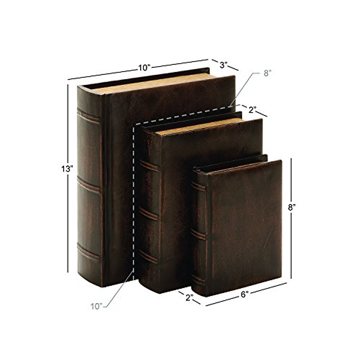 Deco 79 Wood Faux Book Box with Faux Leather Detailing, Set of 3 13", 10", 8"H, Brown