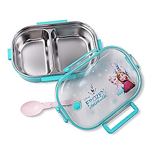 FINEX Frozen Blue Bento Box Container Set with Clear Lid & Spoon - Princess Elsa Anna Olaf Snowman