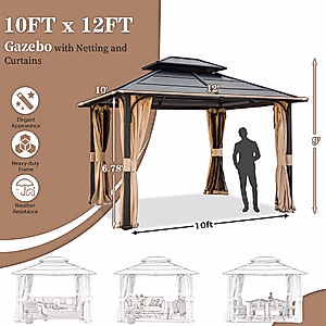 Metal Gazebo 10' x 12' W/Double Steel Roof, Permanent Anti-Rust Coating Iron Hardtop Outdoor Gazebo w/Curtains and Netting for Patio Backyard Garden Lawn Deck, w/Hook Design