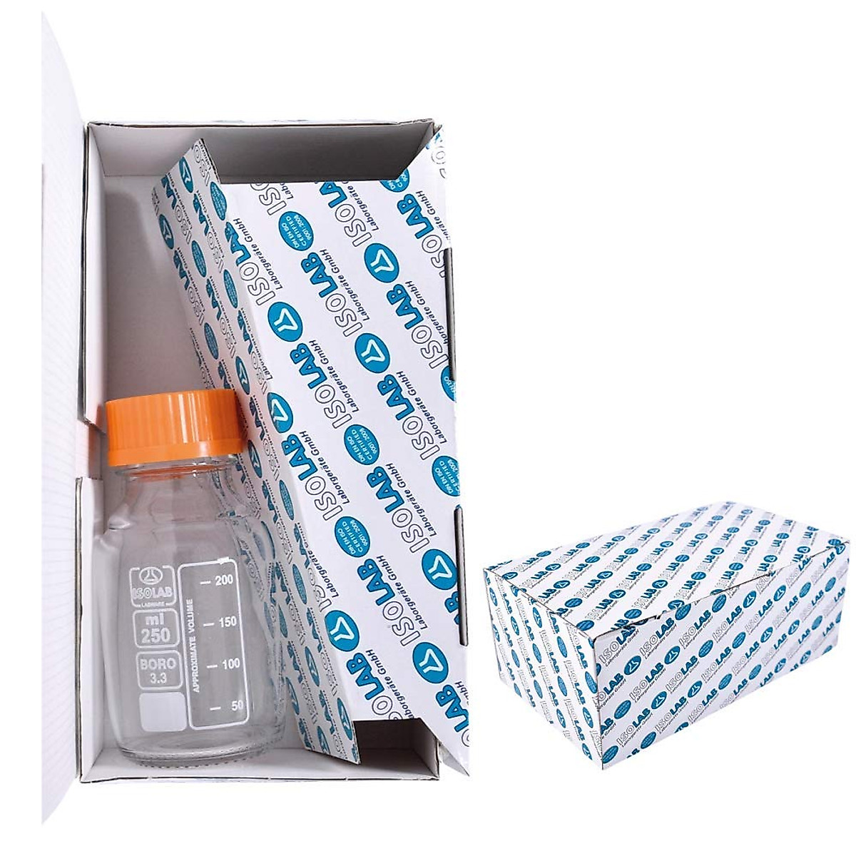 ISOLAB USA – Round Media Storage Bottle, 250ml, with GL 45 Screw Cap, Borosilicate 3.3 Glass, Pack of 2