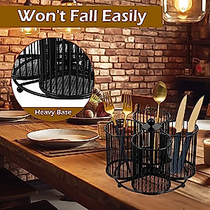 360° Rotating Metal Utensil Caddy, Utensil Organizer Holder 4 Compartment Flatware Storage Basket Portable Multipurpose Countertop Silverware Organizer for Kitchen Picnic Camping Outdoor (Black)