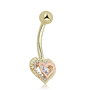 AVORA 10K 2-Tone Gold Simulated Diamond CZ and Diamond-cut Heart Belly Button Ring Body Jewelry (14 Gauge)