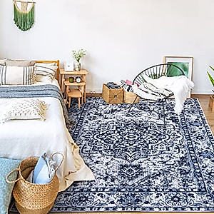 YJ.GWL Boho Area Rug 4x6, Persian Washable Bedroom Rug, Soft Oriental Distressed Accent Rugs for Living Room Dining Room, Non-Slip Non-Shedding Low-Pile Entryway Rug Floor Carpet, Blue