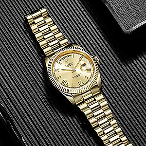 CADISEN Men Automatic Watch Sapphire Luxury Mechanical Wristwatch Stainless Steel Waterproof Watch Men MIYOTA8285 (Gold)