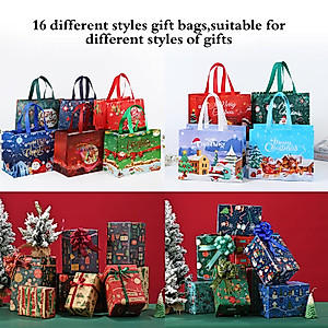 16PCS Christmas Gift Bags,Reusable Gift Bags with Handles, Fabric Christmas Tote Bags, Multifunctional Christmas Bags for Gifts Wrapping Shopping, Xmas Party Supplies Decorations, 12.6”×9.9”×6.7"