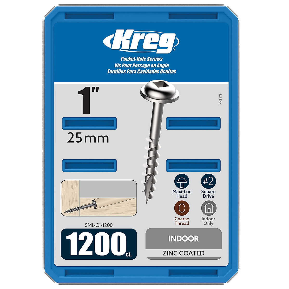 Kreg SML-C1-1200 Zinc Pocket Screws, 1-Inch, #8 Coarse Thread, Maxi-Loc Head (1200 Count)