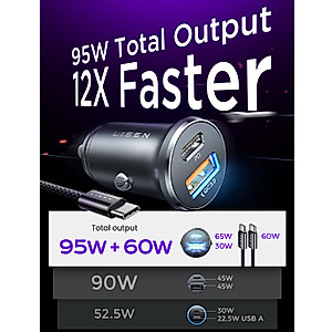 LISEN 95W Car Charger USB C Fast Charge PD65W Super Fast Charging Car Phone Charger Adapter Type C All Metal Cigarette Lighter USB Charger Adapter for iPhone 15 Pro Max iPad Pro Samsung Galaxy