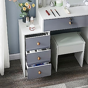 YAMISSI Dressing Table Dresser Desk with Lights, Multifunctional Vanity Table Makeup Desk Set with 3 Drawers, Large Sliding Mirror and Soft Cushioned Stool for Girls and Women.