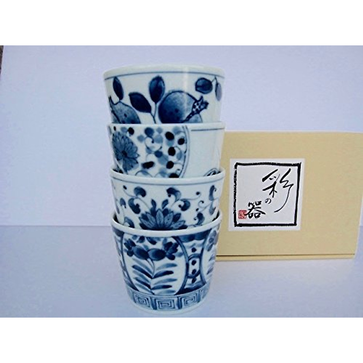Mino Ware Japanese Soba Choko Cups Japanese Traditional Flowers and Pomegranate Pattern Set of 4