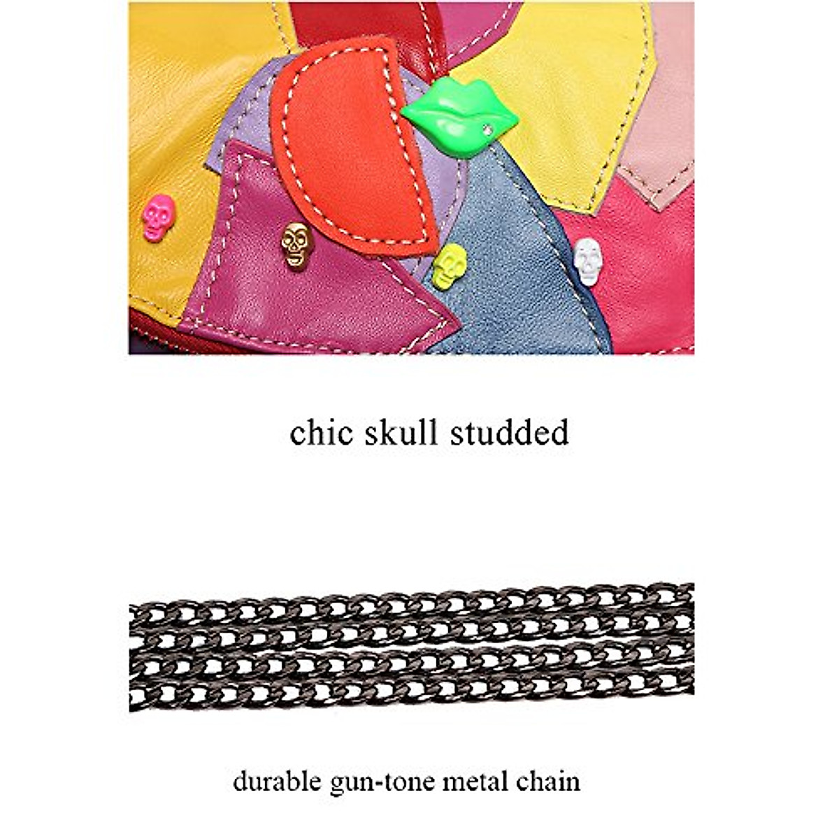 Sibalasi-Women Colorblock Lambskin Leather Multicolor Crossbody Bag Black Handbag Halloween Skull Studded Purse(AMulticolor)