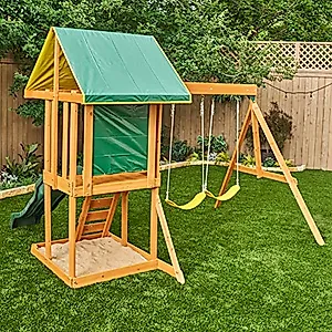KidKraft Appleton Wooden Swing Set/Playset with Swings, Slide, Rock Wall, Chalkwall, Clubhouse and Sandbox, Ages 3-10, Amazon Exclusive Multicolor