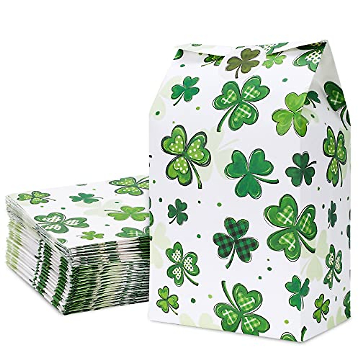 AnyDesign 36Pcs St. Patrick's Day Paper Party Favor Bags Lucky Shamrock Goodie Candy Treat Bags with Stickers Irish Style Gift Party Favor Bags for Cookie Snack Present Wrapping Supplies