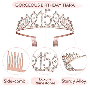 Bella Meri 15th Birthday Gifts for Girls, 15th Birthday Tiara Crown, Sash, Cake Toppers,Birthday Candles, 15 Birthday Decorations Women