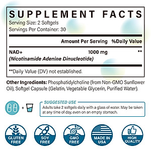 Liposomal NAD+ Supplement 1000 mg | Highest NAD Pontecy | Max Absorption | Pure NAD Supplement | Energy and DNA Repair, Aging Defense, Brain Function | 120 Softgels