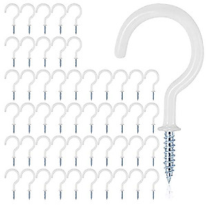 MJIYA 50 PCS Vinyl Coated Ceiling Hooks Question Mark Shape Hook Heavy Duty Screw Cup Hook for Bathroom Kitchen Wall Ceiling Hanging (White, 1/2 inch)