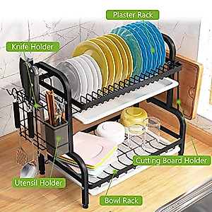 1Easylife Dish Drying Rack, 2-Tier Compact Kitchen Dish Rack Drainboard Set, Large Rust-Proof Dish Drainer with Utensil Holder, Cutting Board Holder for Kitchen