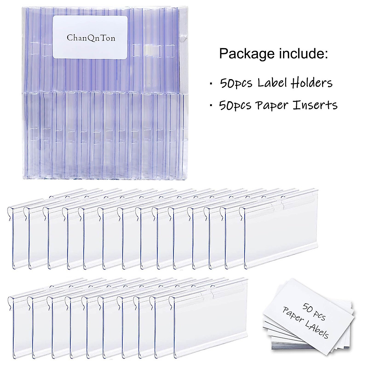 Basket Labels Clip On,50PCS Clear Plastic Bin Clip Labels for Baskets,Wire Shelf Price Labels,Labels for Storage Bins,Merchandise Sign Display Holder,50PCS 6X4CM Label Inserts Included. (CQTP0000)