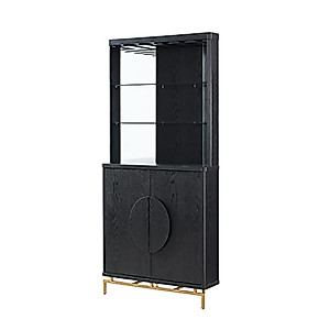 Home Source Black Bar Cabinet with Half Moon Handles and Metal Base