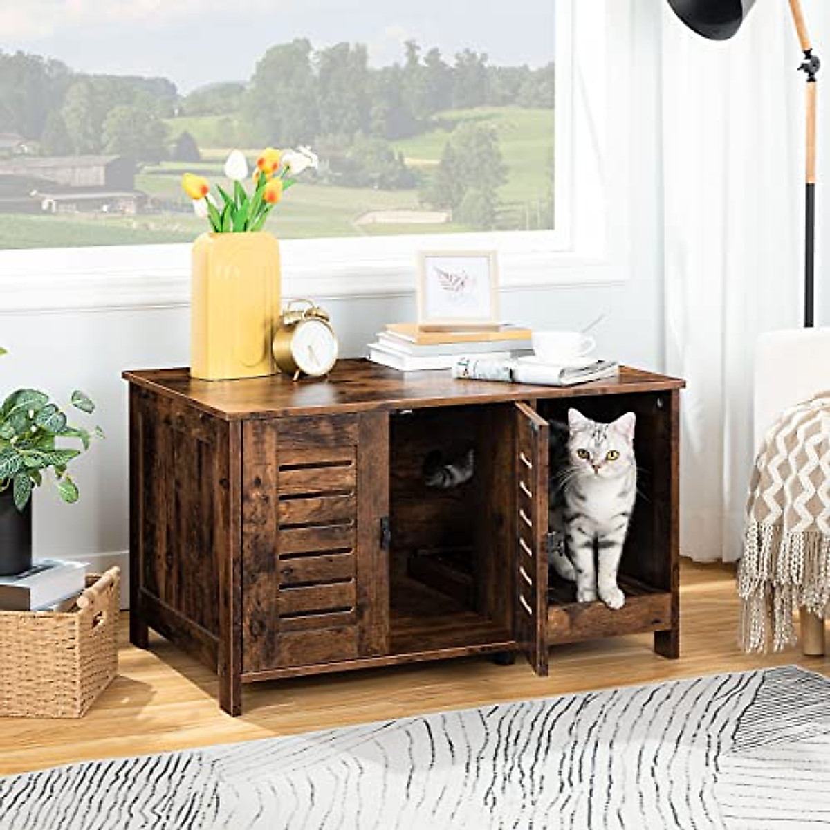 HOOBRO Litter Box Enclosure, Cat Washroom, Double Door Cat House, Hidden Litter Box Furniture, Splash-Proof Litter Control Board, Large Size, Side Table, Coffee Bedside Table, Rustic Brown FG80MW01