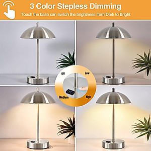 Modern Desk Lamp with AC Adapter,12" 3-Way Dimmable Touch Bedside Reading Lamp, Minimalist Silver Small Nightstand Table Lamp with Mushroom Dome Shade for Bedroom Living Room Office, LED Bulb Included