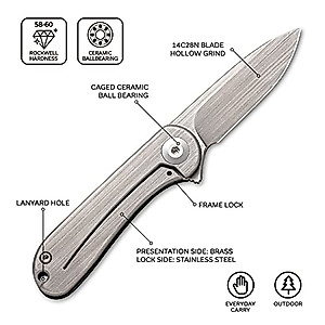 CIVIVI Mini Elementum Flipper Pocket Knife, Small folding Knife with 1.83" 14C28N Blade, Brass and Stainless Steel Handle C18062Q-1