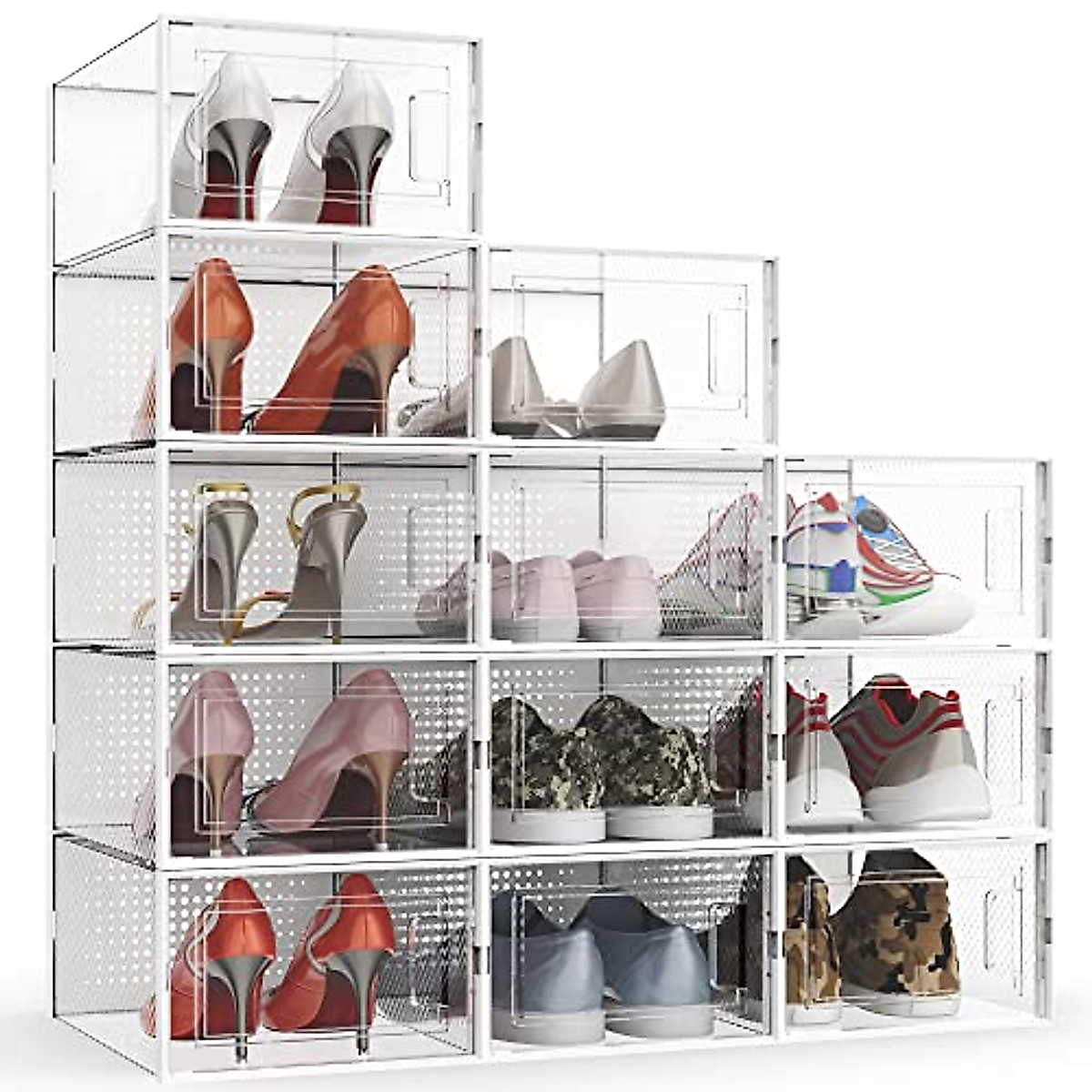 Stackable Shoe Storage Boxes, WAYTRIM 12 Pack Shoe Organizer for Closet Shoe Boxes Clear Plastic Stackable Shoe Bins Space Saving Sneaker Storage Boxes Drop Front Shoe Container Bins Fit to Size 10 - Clear White
