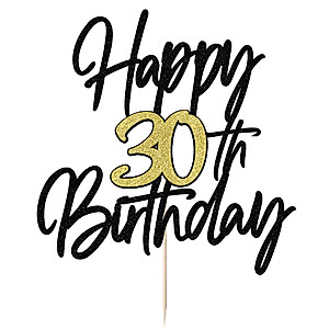 Black and gold happy 30th birthday cake Topper,Flash 30th birthday party cake decorations,happy birthday cake decoration 30th birthday party decoration gift plugin (30-1)