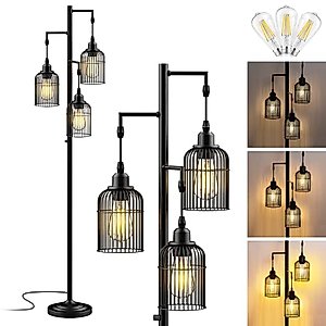 QiMH Industrial Floor Lamp for Living Room,LED Farmhouse Standing Lamp with 3 Birdcage Hanging Shade, Dimmable Tall Lamp Rustic Home Decor for Bedroom Office, Black (Bulbs Included)