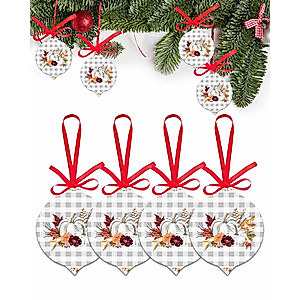 Acrylic Christmas Ornament Set of 4 Fall Pumpkins 2023 Xmas Tree Tag Decorations, Thanksgiving Day Autumn Retro Leaves Ornaments with Ribbon for Holiday Party Hanging Tag Accessories Gray Gingham