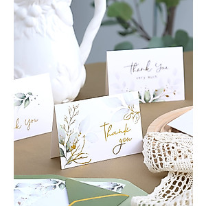Winoo Design 100 PK Luxurious Gold Thank You Cards with Envelopes Bulk Sage Green - 5x3.5 Inches Wedding Thank You Notes Baby Shower Greenery Bridal Shower Small Business