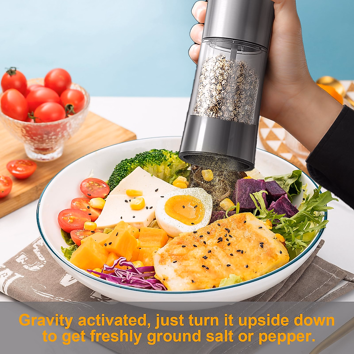 Electric Salt and Pepper Grinder Set — Gravity Rechargeable Salt Pepper Grinder with Charging Base and LED Light, Adjustable Coarseness, Large Capacity, One-handed Operation Salt Pepper Mills