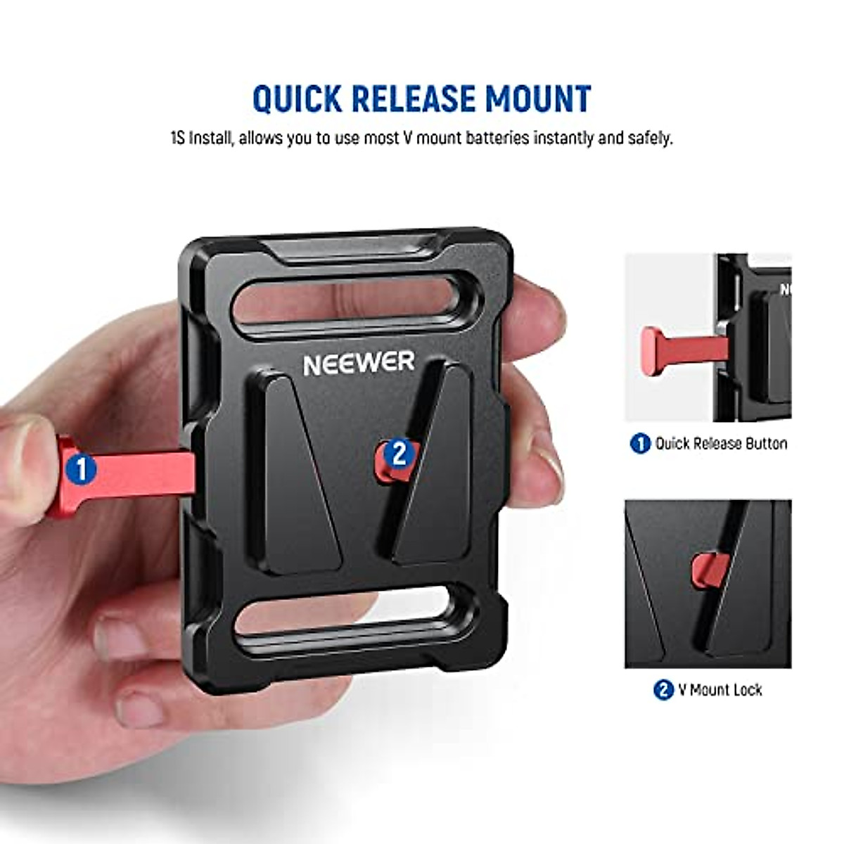NEEWER Mini V Mount Battery Plate for BP-V47 BP-V95 BP-150WS BP-190WS, with 1/4" Threads and Quick Release Button Compatible with SmallRig Cage Rig 15mm Rod Clamps Compatible with Tilta, PS001